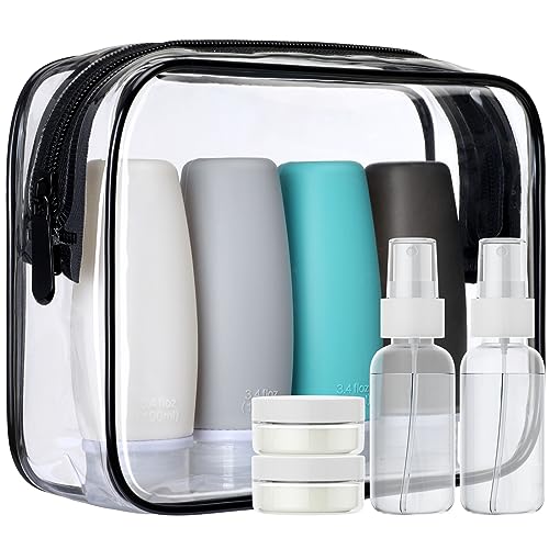 PACKISM TSA Approved Toiletry Bottles - 9 Pack Leakproof 3.4oz Silicone Travel Bottles for Toiletries, Travel Accessories with Clear Makeup Bags for Shampoo Conditioner Lotion Body Wash BPA Free