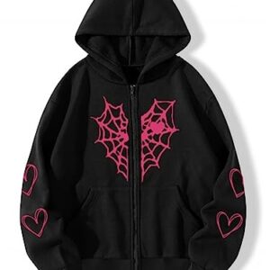 Y2K Gothic Spider Web Heart-shaped Print Hoodied Pullover Punk Zip Up Jacket Coat Harajuku Loose Oversized Streetwear (Black Pink,S)