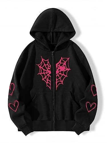 Y2K Gothic Spider Web Heart-shaped Print Hoodied Pullover Punk Zip Up Jacket Coat Harajuku Loose Oversized Streetwear (Black Pink,S)