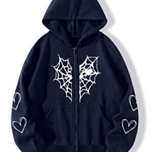 Y2K Gothic Spider Web Heart-shaped Print Hoodied Pullover Punk Zip Up Jacket Coat Harajuku Loose Oversized Streetwear (Black Pink,S)