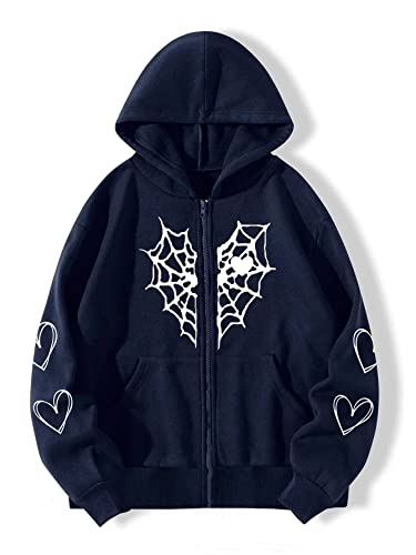 Y2K Gothic Spider Web Heart-shaped Print Hoodied Pullover Punk Zip Up Jacket Coat Harajuku Loose Oversized Streetwear (Black Pink,S)