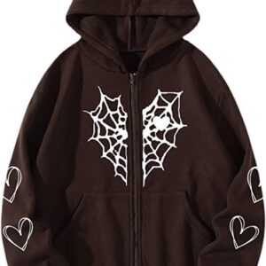 Y2K Gothic Spider Web Heart-shaped Print Hoodied Pullover Punk Zip Up Jacket Coat Harajuku Loose Oversized Streetwear (Black Pink,S)