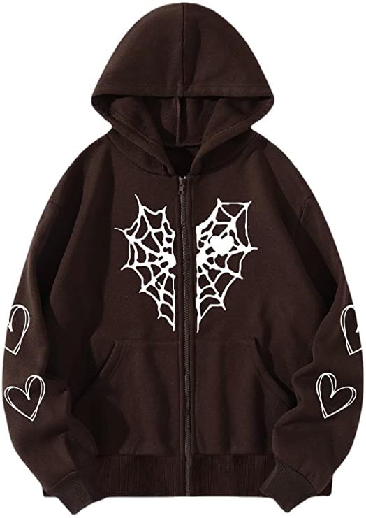 Y2K Gothic Spider Web Heart-shaped Print Hoodied Pullover Punk Zip Up Jacket Coat Harajuku Loose Oversized Streetwear (Black Pink,S)