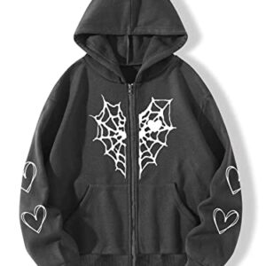 Y2K Gothic Spider Web Heart-shaped Print Hoodied Pullover Punk Zip Up Jacket Coat Harajuku Loose Oversized Streetwear (Black Pink,S)