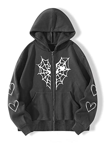 Y2K Gothic Spider Web Heart-shaped Print Hoodied Pullover Punk Zip Up Jacket Coat Harajuku Loose Oversized Streetwear (Black Pink,S)