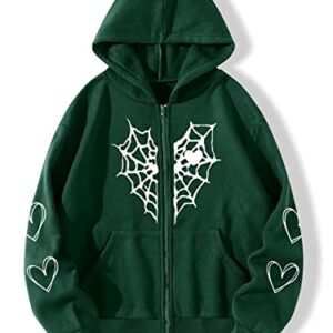 Y2K Gothic Spider Web Heart-shaped Print Hoodied Pullover Punk Zip Up Jacket Coat Harajuku Loose Oversized Streetwear (Black Pink,S)