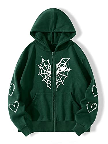 Y2K Gothic Spider Web Heart-shaped Print Hoodied Pullover Punk Zip Up Jacket Coat Harajuku Loose Oversized Streetwear (Black Pink,S)