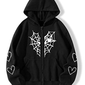 Y2K Gothic Spider Web Heart-shaped Print Hoodied Pullover Punk Zip Up Jacket Coat Harajuku Loose Oversized Streetwear (Black Pink,S)