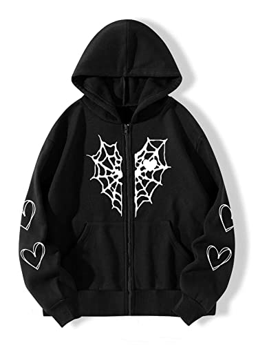 Y2K Gothic Spider Web Heart-shaped Print Hoodied Pullover Punk Zip Up Jacket Coat Harajuku Loose Oversized Streetwear (Black Pink,S)