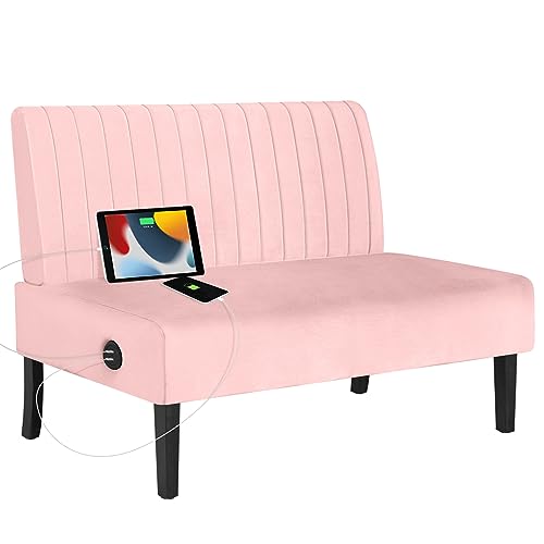 STHOUYN 43" W Mini Small Comfy Couch Armless Loveseat Sofa for Bedroom with USB Port, Velvet Pink Small Couches for Small Spaces Living Room, Apartment Office Dorm (Pink)