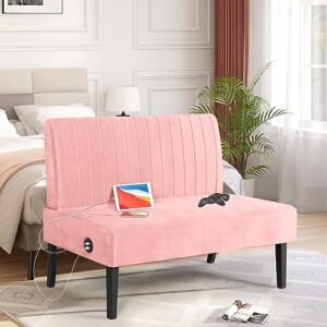 STHOUYN 43" W Mini Small Comfy Couch Armless Loveseat Sofa for Bedroom with USB Port, Velvet Pink Small Couches for Small Spaces Living Room, Apartment Office Dorm (Pink)