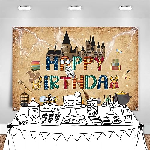 Wizard Birthday Party Decorations Backdrop Magic Happy Birthday Party Decorations Halloween Wizard Theme Banner Magic School Wizard Witch Photography Background for Boys Girls (5x3ft)