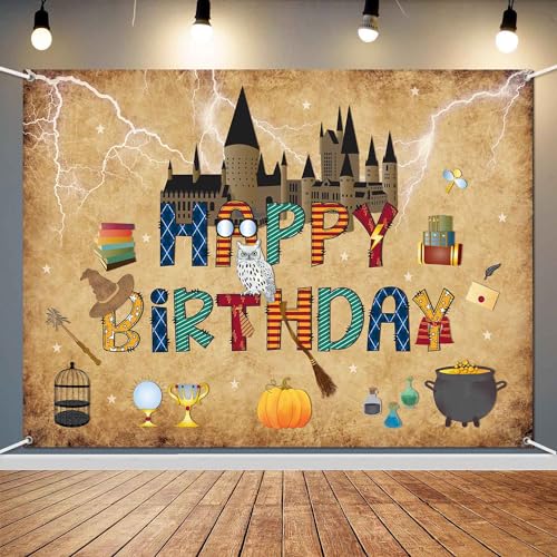 Wizard Birthday Party Decorations Backdrop Magic Happy Birthday Party Decorations Halloween Wizard Theme Banner Magic School Wizard Witch Photography Background for Boys Girls (5x3ft)