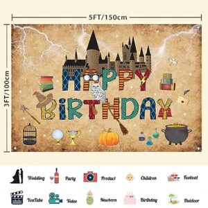 Wizard Birthday Party Decorations Backdrop Magic Happy Birthday Party Decorations Halloween Wizard Theme Banner Magic School Wizard Witch Photography Background for Boys Girls (5x3ft)