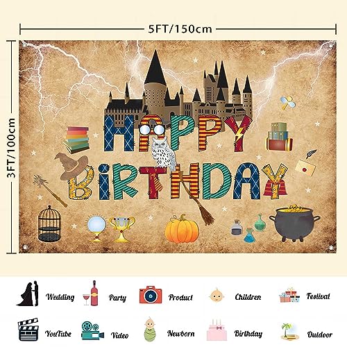 Wizard Birthday Party Decorations Backdrop Magic Happy Birthday Party Decorations Halloween Wizard Theme Banner Magic School Wizard Witch Photography Background for Boys Girls (5x3ft)