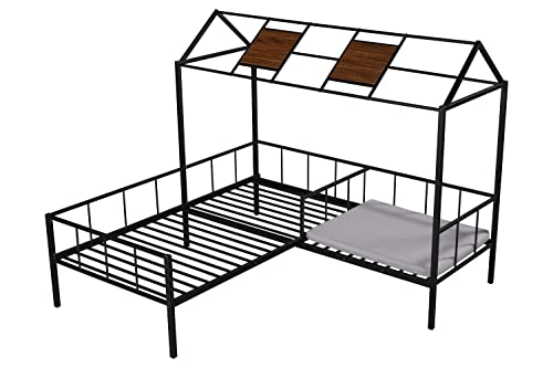 RIDFY Bed Frames with Seating Area, Modern Twin Platform Bed Frame with House Roof, Metal Bedframe, Camas Mattress Foundation/Noise Free/No Box Spring Needed/Easy Assemble