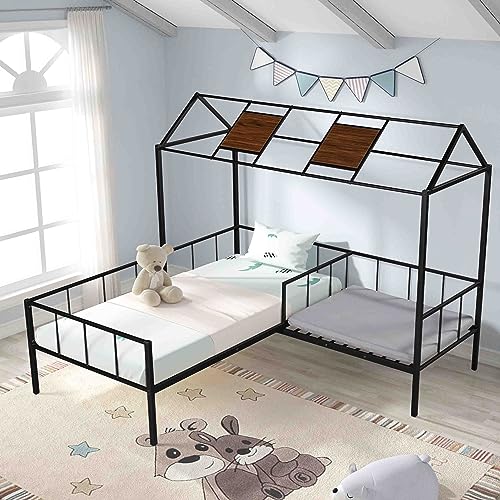 RIDFY Bed Frames with Seating Area, Modern Twin Platform Bed Frame with House Roof, Metal Bedframe, Camas Mattress Foundation/Noise Free/No Box Spring Needed/Easy Assemble