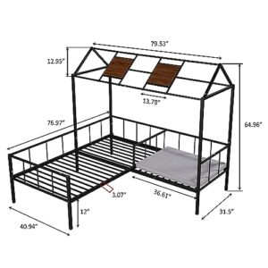 RIDFY Bed Frames with Seating Area, Modern Twin Platform Bed Frame with House Roof, Metal Bedframe, Camas Mattress Foundation/Noise Free/No Box Spring Needed/Easy Assemble