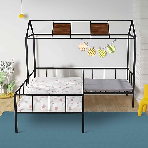 RIDFY Bed Frames with Seating Area, Modern Twin Platform Bed Frame with House Roof, Metal Bedframe, Camas Mattress Foundation/Noise Free/No Box Spring Needed/Easy Assemble