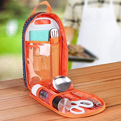 YANHAO 7Pcs Camping Kitchen Utensil with Tongs, Scissors, Cutting Board, Rice Paddle and Water Resistant Case for Daily Meal or Outdoor Hiking Picnic and Trekking