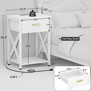 Ecoprsio Oversized Nightstands Set of 2, 26" Bedside Table with Charging Station, Modern End Side Table with X-Design, Tall Night Stand with Drawer and Shelf for Bedroom, Living Room, Sofa, White