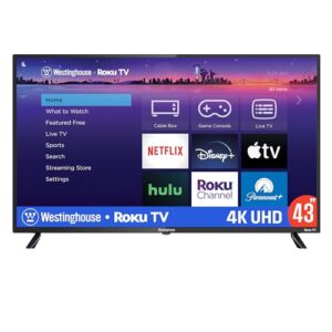 westinghouse roku tv - 43 inch smart tv, 4k uhd led tv with wi-fi connectivity and mobile app, flat screen tv compatible with apple home kit, alexa and google assistant