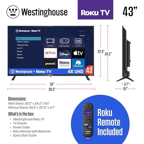 Westinghouse Roku TV - 43 Inch Smart TV, 4K UHD LED TV with Wi-Fi Connectivity and Mobile App, Flat Screen TV Compatible with Apple Home Kit, Alexa and Google Assistant