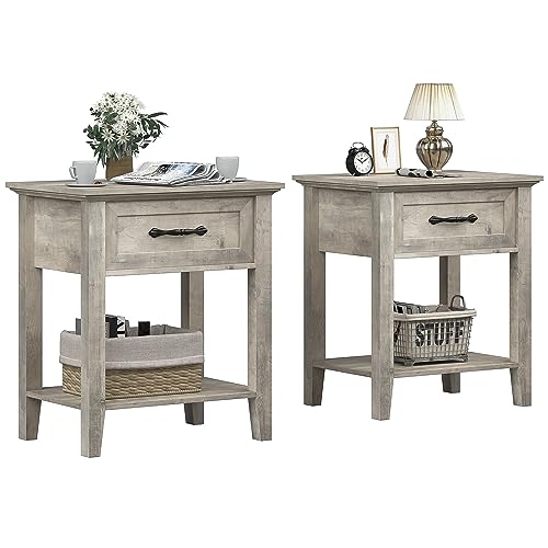 GAOMON Set of 2 Grey Nightstands End Table Side Table Living Room with Drawer and Storage Shelf Wood Night Stand Bedside Table for Bedroom Nursery College Dorm