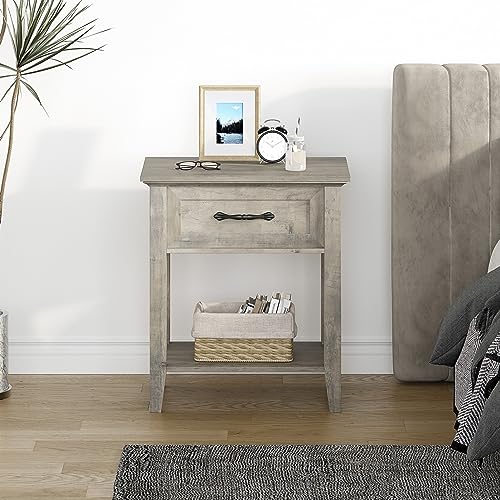 GAOMON Set of 2 Grey Nightstands End Table Side Table Living Room with Drawer and Storage Shelf Wood Night Stand Bedside Table for Bedroom Nursery College Dorm