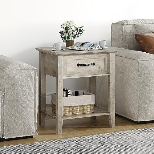 GAOMON Set of 2 Grey Nightstands End Table Side Table Living Room with Drawer and Storage Shelf Wood Night Stand Bedside Table for Bedroom Nursery College Dorm