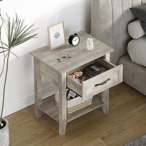 GAOMON Set of 2 Grey Nightstands End Table Side Table Living Room with Drawer and Storage Shelf Wood Night Stand Bedside Table for Bedroom Nursery College Dorm