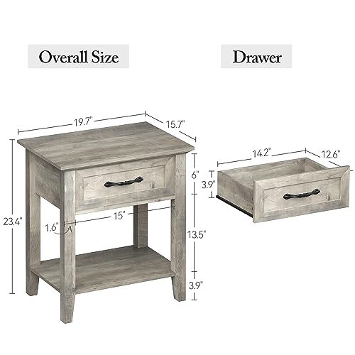 GAOMON Set of 2 Grey Nightstands End Table Side Table Living Room with Drawer and Storage Shelf Wood Night Stand Bedside Table for Bedroom Nursery College Dorm