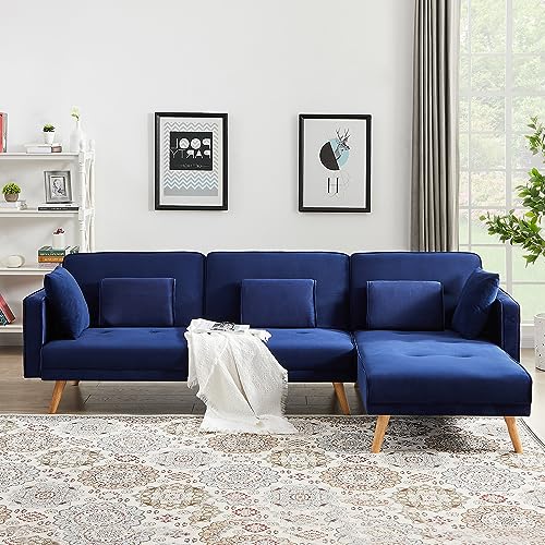 Goohome 104.50" L Shape Sectional Sofa, Mid-Century Velvet Upholstered Convertible Sleeper Sofá Bed W/Chaise Lounge, Removable Armrests,Split Back Folding Futon Couches for Living Room, F-Blue a