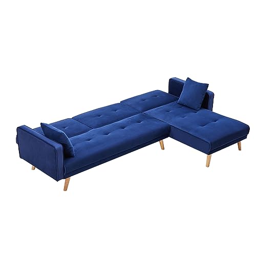 Goohome 104.50" L Shape Sectional Sofa, Mid-Century Velvet Upholstered Convertible Sleeper Sofá Bed W/Chaise Lounge, Removable Armrests,Split Back Folding Futon Couches for Living Room, F-Blue a