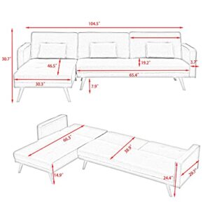 Goohome 104.50" L Shape Sectional Sofa, Mid-Century Velvet Upholstered Convertible Sleeper Sofá Bed W/Chaise Lounge, Removable Armrests,Split Back Folding Futon Couches for Living Room, F-Blue a