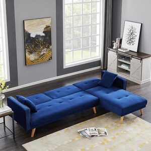 Goohome 104.50" L Shape Sectional Sofa, Mid-Century Velvet Upholstered Convertible Sleeper Sofá Bed W/Chaise Lounge, Removable Armrests,Split Back Folding Futon Couches for Living Room, F-Blue a