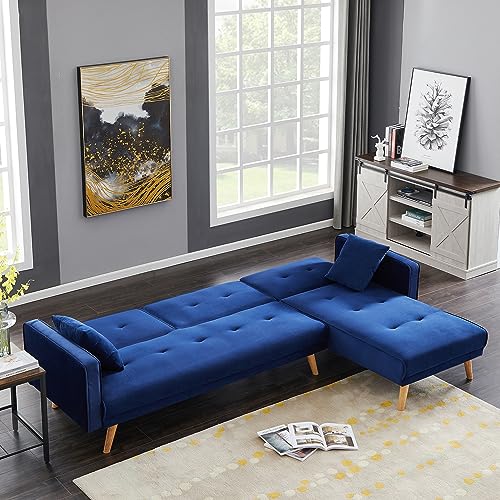 Goohome 104.50" L Shape Sectional Sofa, Mid-Century Velvet Upholstered Convertible Sleeper Sofá Bed W/Chaise Lounge, Removable Armrests,Split Back Folding Futon Couches for Living Room, F-Blue a