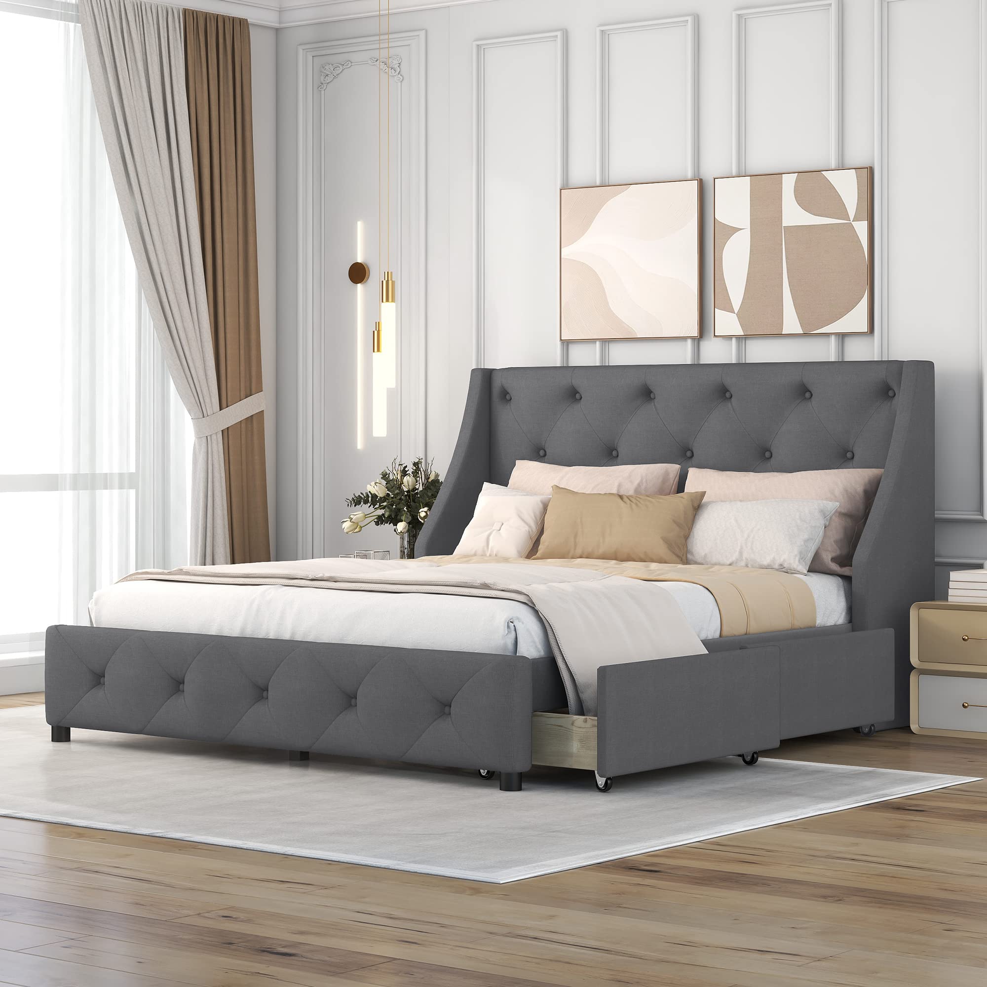 Merax Modern Queen Upholstered Platform Bed Frame with 4 Storage Drawers/No Box Spring Needed/Easy Assembly, Gray