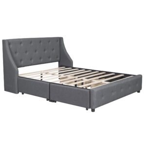 Merax Modern Queen Upholstered Platform Bed Frame with 4 Storage Drawers/No Box Spring Needed/Easy Assembly, Gray