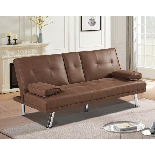 Convertible Folding Futon Sofa Bed with Metal Legs & 2 Cupholders, Modern Fabric Linen Upholstered Couch Loveseat Sleeper, Folding Couches Bed, Removable Armrests for for Small Spaces (Coffee)