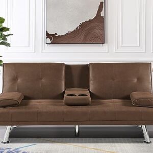 Convertible Folding Futon Sofa Bed with Metal Legs & 2 Cupholders, Modern Fabric Linen Upholstered Couch Loveseat Sleeper, Folding Couches Bed, Removable Armrests for for Small Spaces (Coffee)