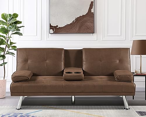 Convertible Folding Futon Sofa Bed with Metal Legs & 2 Cupholders, Modern Fabric Linen Upholstered Couch Loveseat Sleeper, Folding Couches Bed, Removable Armrests for for Small Spaces (Coffee)