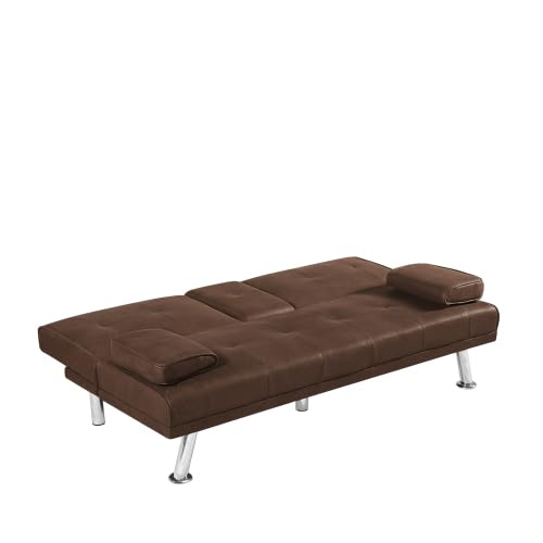 Convertible Folding Futon Sofa Bed with Metal Legs & 2 Cupholders, Modern Fabric Linen Upholstered Couch Loveseat Sleeper, Folding Couches Bed, Removable Armrests for for Small Spaces (Coffee)