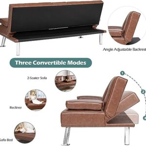 Convertible Folding Futon Sofa Bed with Metal Legs & 2 Cupholders, Modern Fabric Linen Upholstered Couch Loveseat Sleeper, Folding Couches Bed, Removable Armrests for for Small Spaces (Coffee)