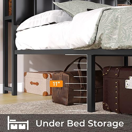 FORABAMB Full Size Bed Frame, Storage Headboard with Charging Station and LED Lights, Upholstered Platform Bed Frame with Book Case, Noise Free, No Box Spring Needed, Easy Assembly