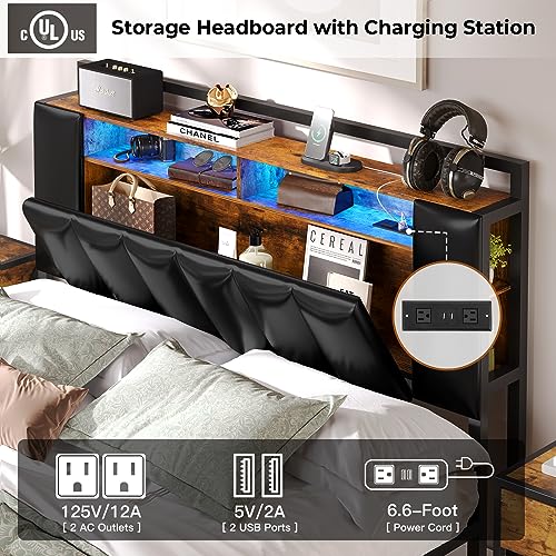 FORABAMB Full Size Bed Frame, Storage Headboard with Charging Station and LED Lights, Upholstered Platform Bed Frame with Book Case, Noise Free, No Box Spring Needed, Easy Assembly