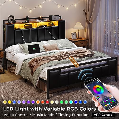 FORABAMB Full Size Bed Frame, Storage Headboard with Charging Station and LED Lights, Upholstered Platform Bed Frame with Book Case, Noise Free, No Box Spring Needed, Easy Assembly