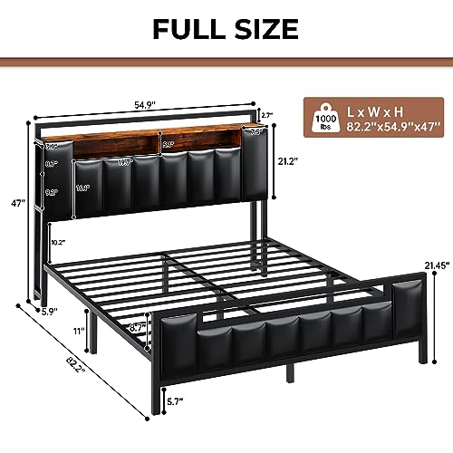 FORABAMB Full Size Bed Frame, Storage Headboard with Charging Station and LED Lights, Upholstered Platform Bed Frame with Book Case, Noise Free, No Box Spring Needed, Easy Assembly