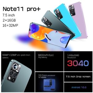 4G Smartphone Unlocked, Note 11 PRO+ 7.5 in, High Definition Screen, 2GB/16GB Cell Phones Unlocked New, Android 10 6800mAh Dual SIM Dual Standby Gaming Smartphone, Senior Cell Phone-(Midnight Color)