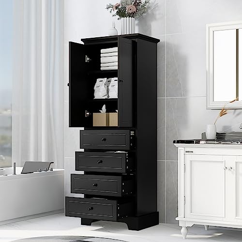 HESIEU Freestanding Storage Cabinet with 2 Doors and 4 Drawers Internal Adjustable Shelves Anti-Tip Fittings Round Metal Handle for Bathroom, Bedroom and Dining Room (Black)